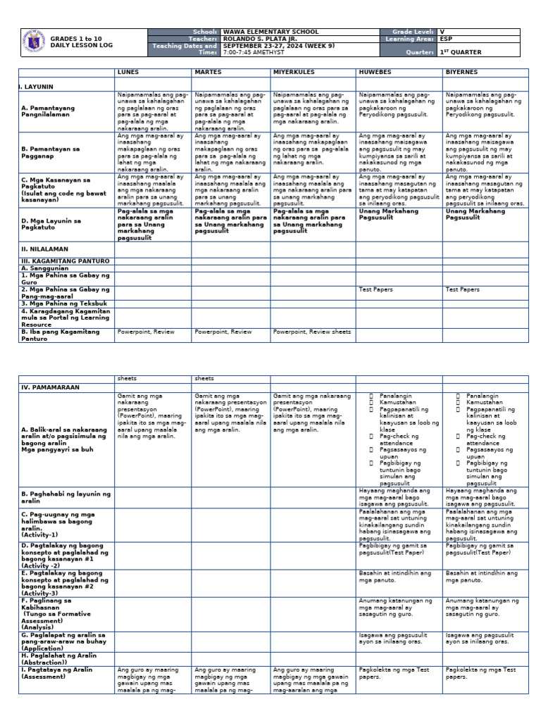 DLL WEEK 9 ESP V Exam | PDF