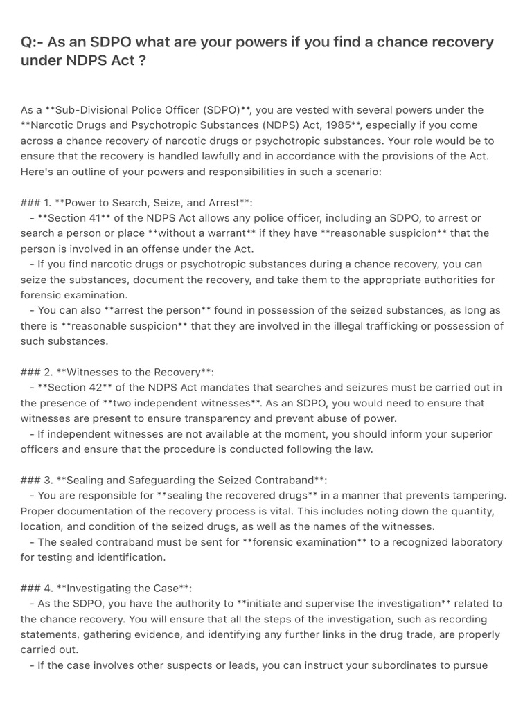 SDPO Powers for NDPS Act Recovery | PDF | Arrest | Confession (Law)