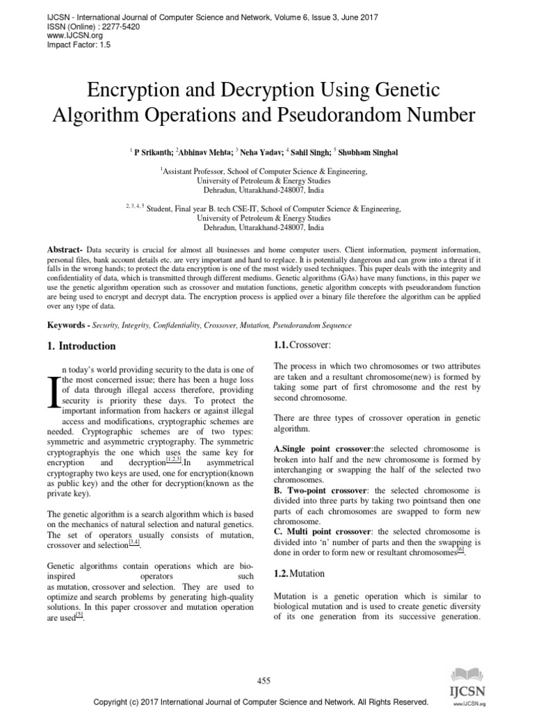Encryption and Decryption Using Genetic Algorithm Operations and Pseudorandom Number | PDF | Key ...