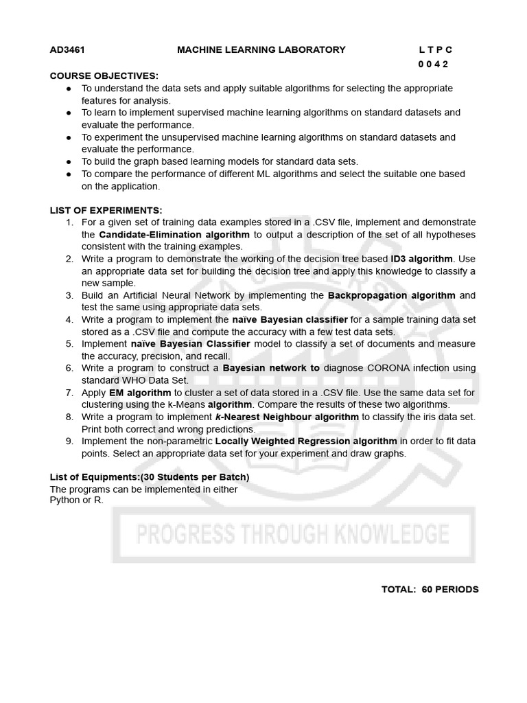 Ad3461 Machine Learning Laboratory Syllabus | PDF | Machine Learning | Applied Mathematics