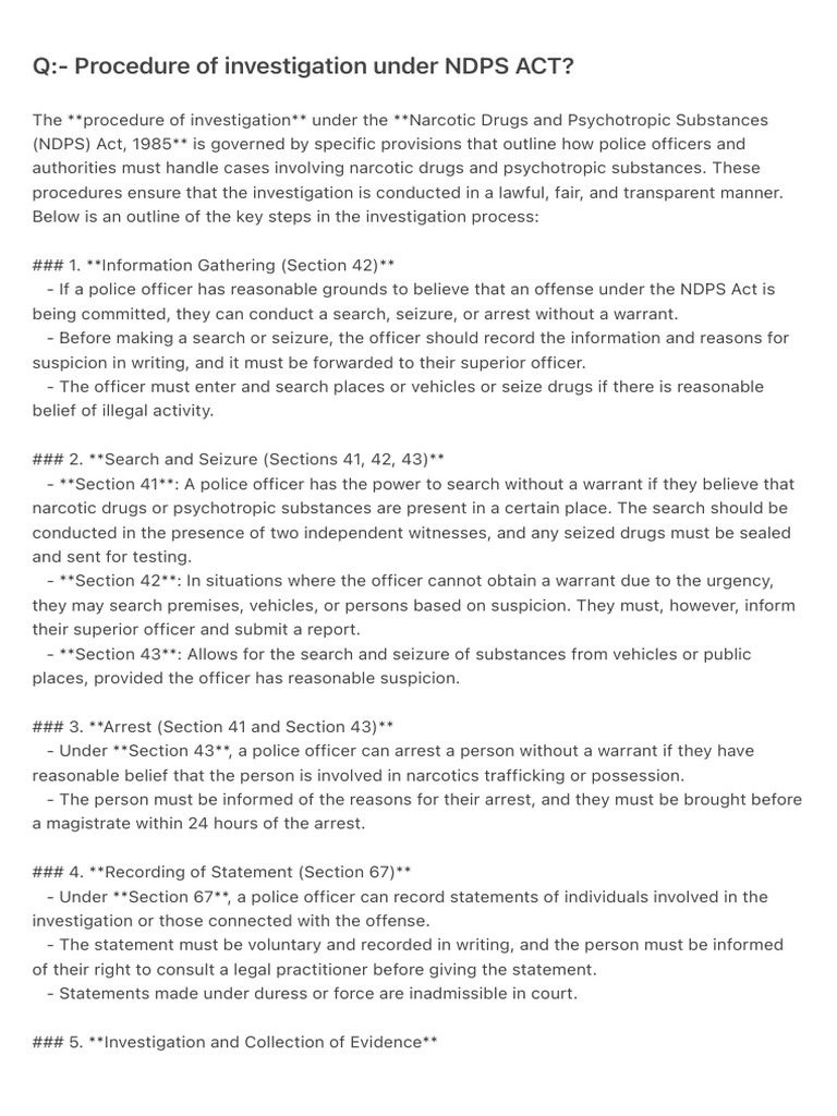 Q - Procedure of Investigation Under NDPS ACT | PDF | Search And ...