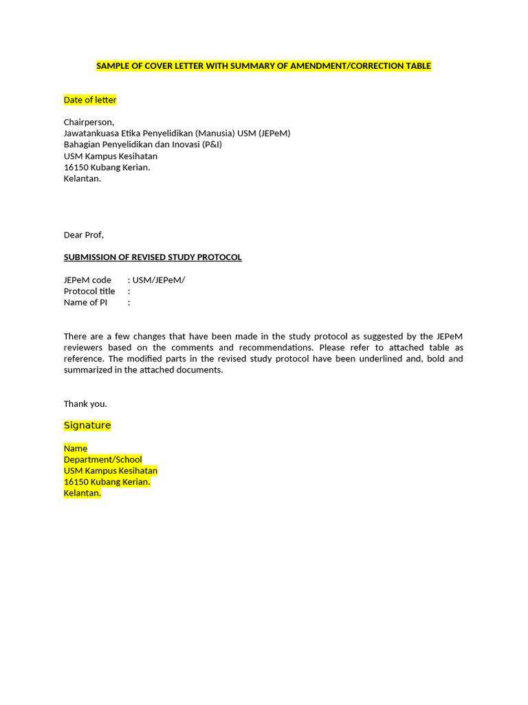 Sample of Cover Letter With Summary of Correction | PDF