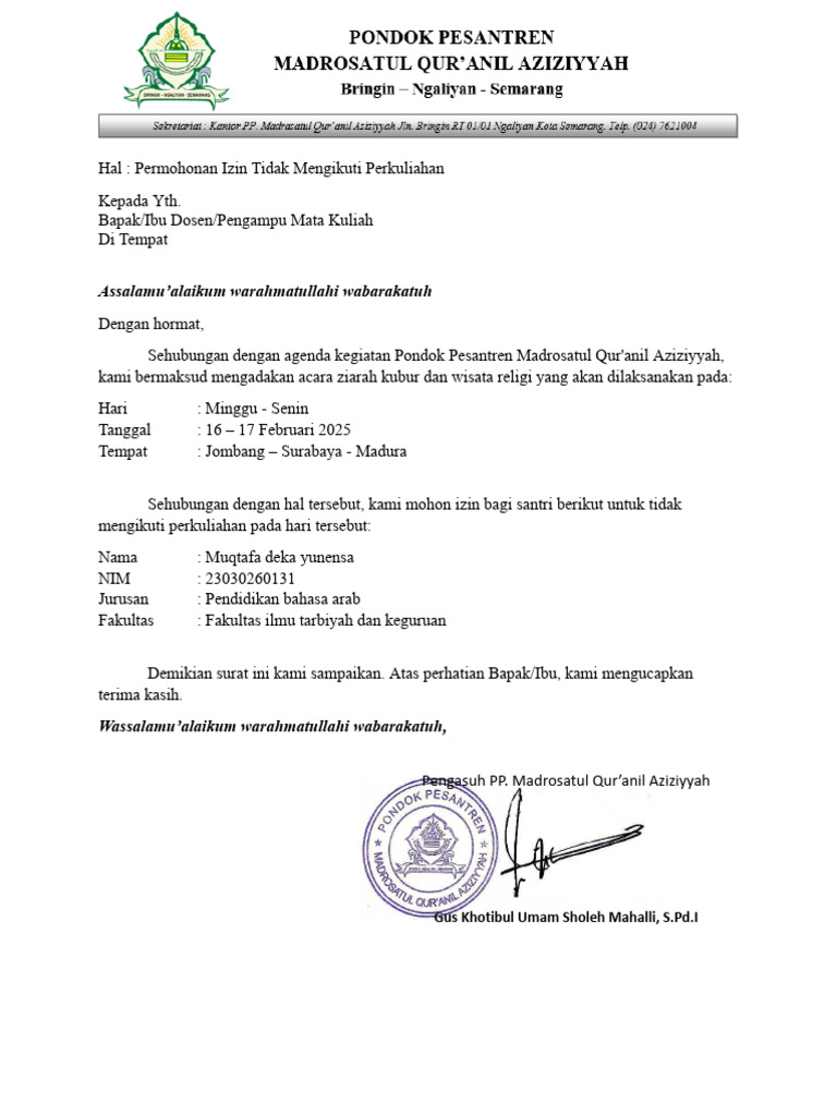 Surat Izin Perkuliahan | PDF