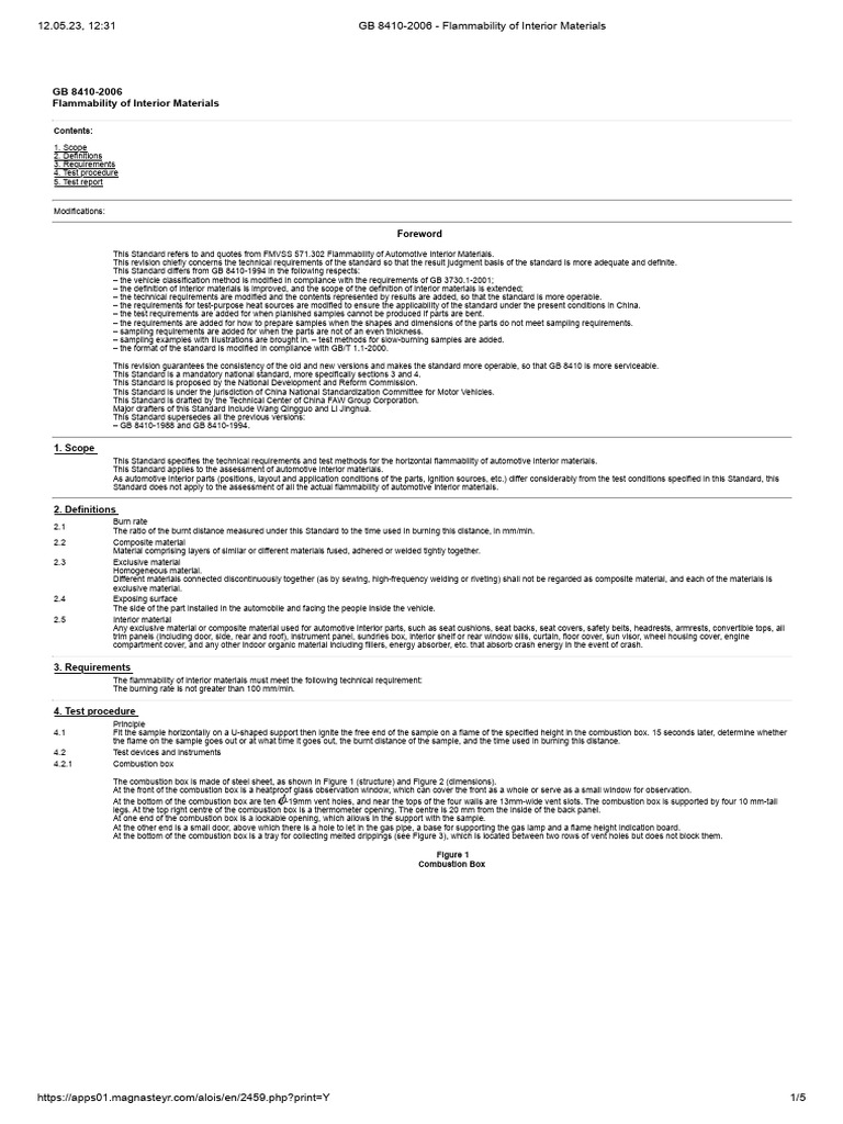 GB 8410-2006: Automotive Material Flammability | PDF | Length | Combustion