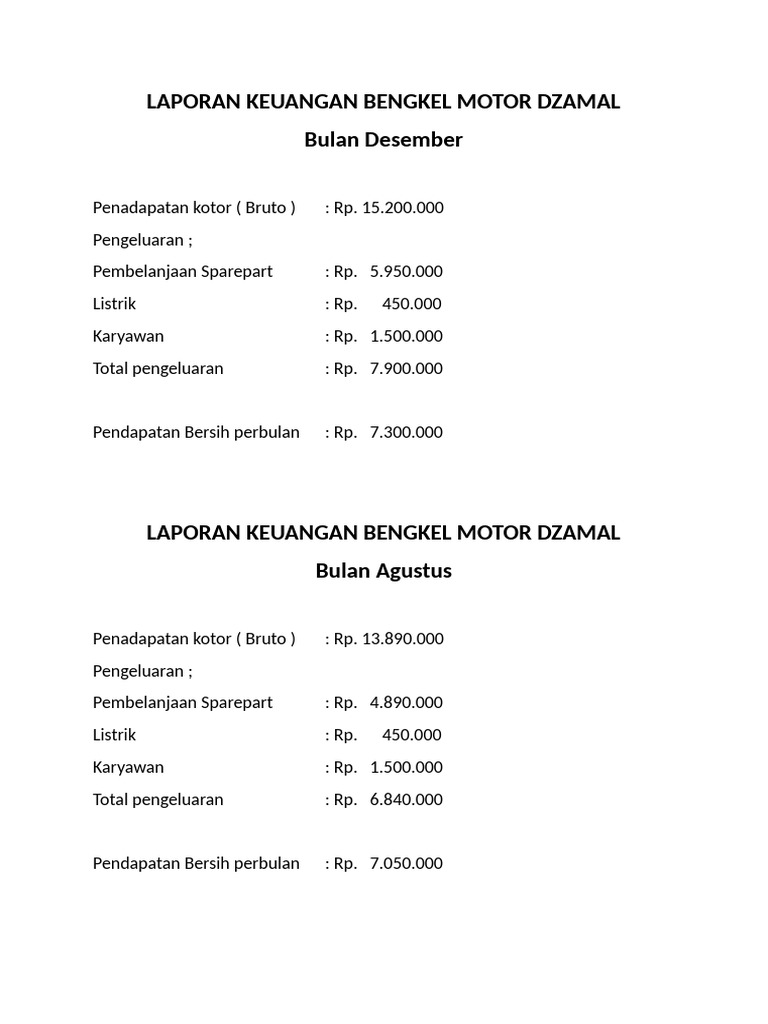 Laporan Keuangan Bengkel Motor Dzamal | PDF