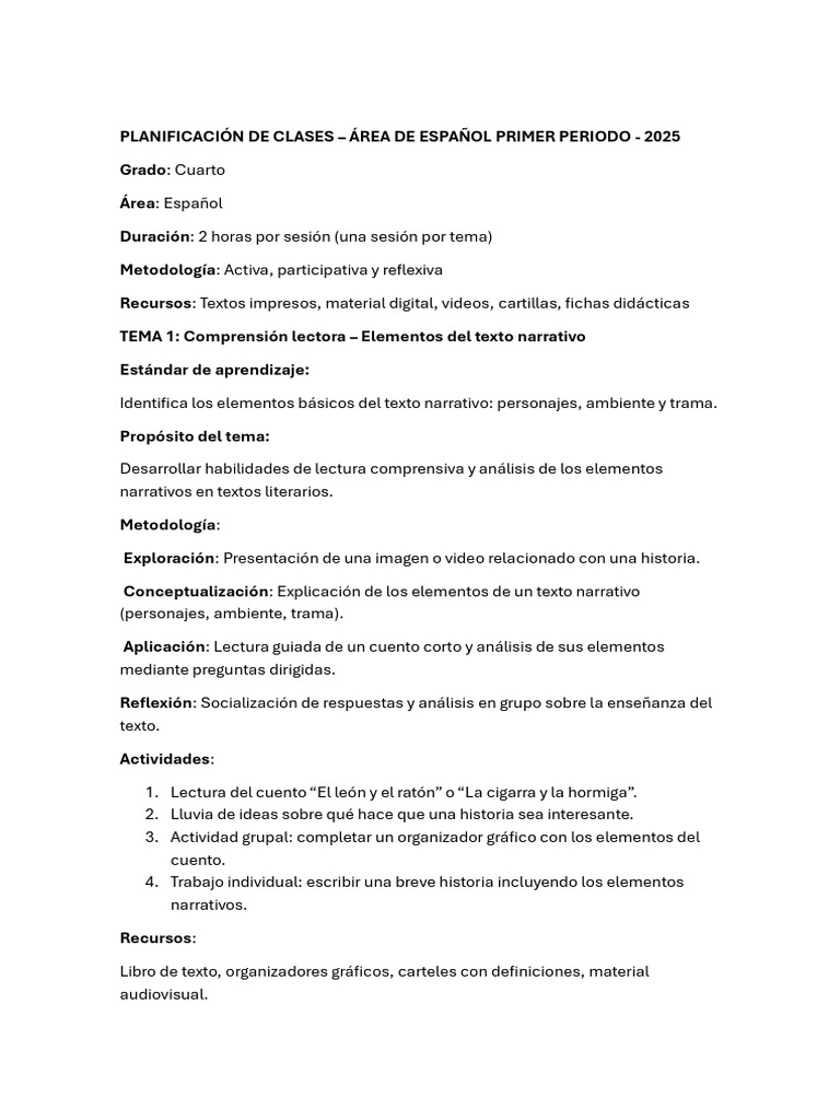 Planificación Clases Español 4° 2025 | PDF | Comprensión lectora ...