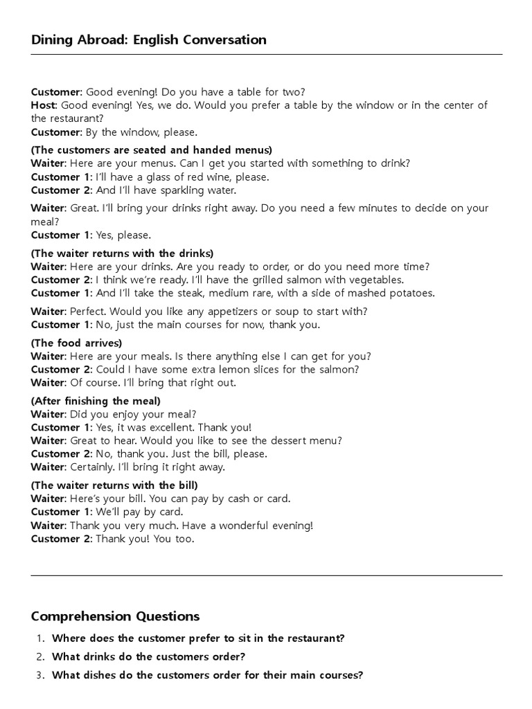 Dining Abroad: English Restaurant Dialogue | PDF