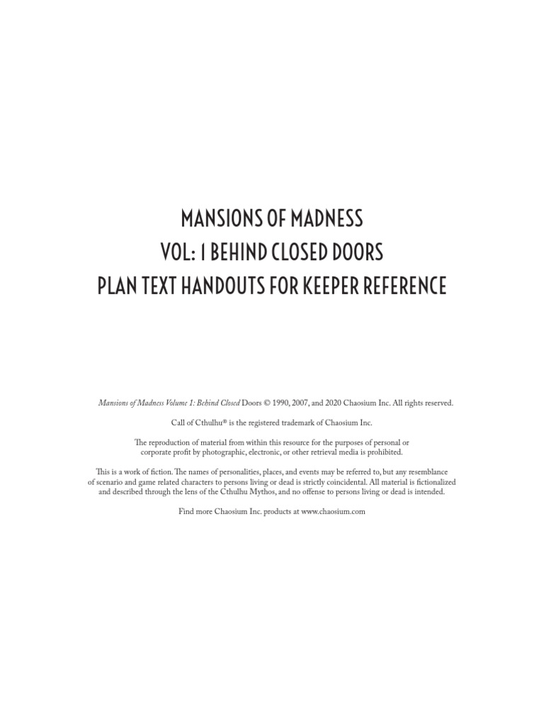 Mansions of Madness Plain Text Handouts | PDF