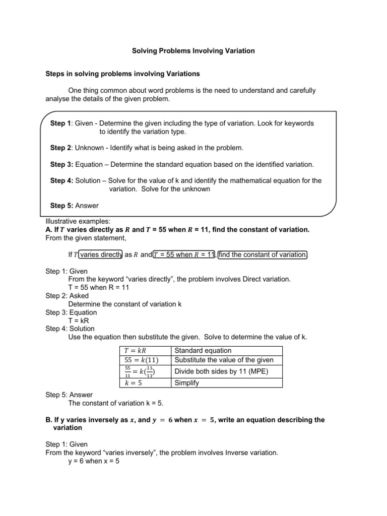 Solving Problems Involving Variation | PDF | Equations | Speed