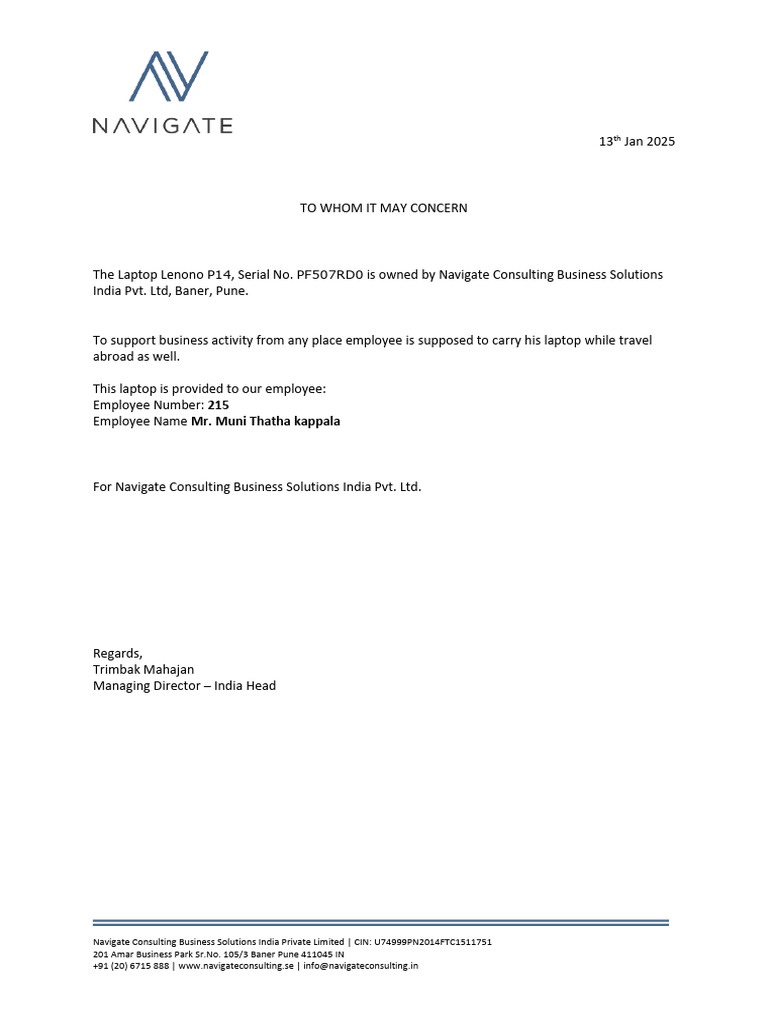 Laptop Declaration Letter - NileshChoudhary | PDF