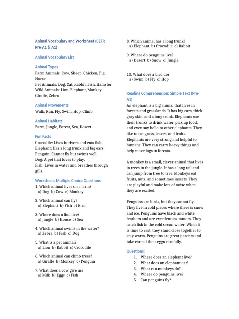 Animal Vocabulary and Worksheet | PDF | Elephant | Pet