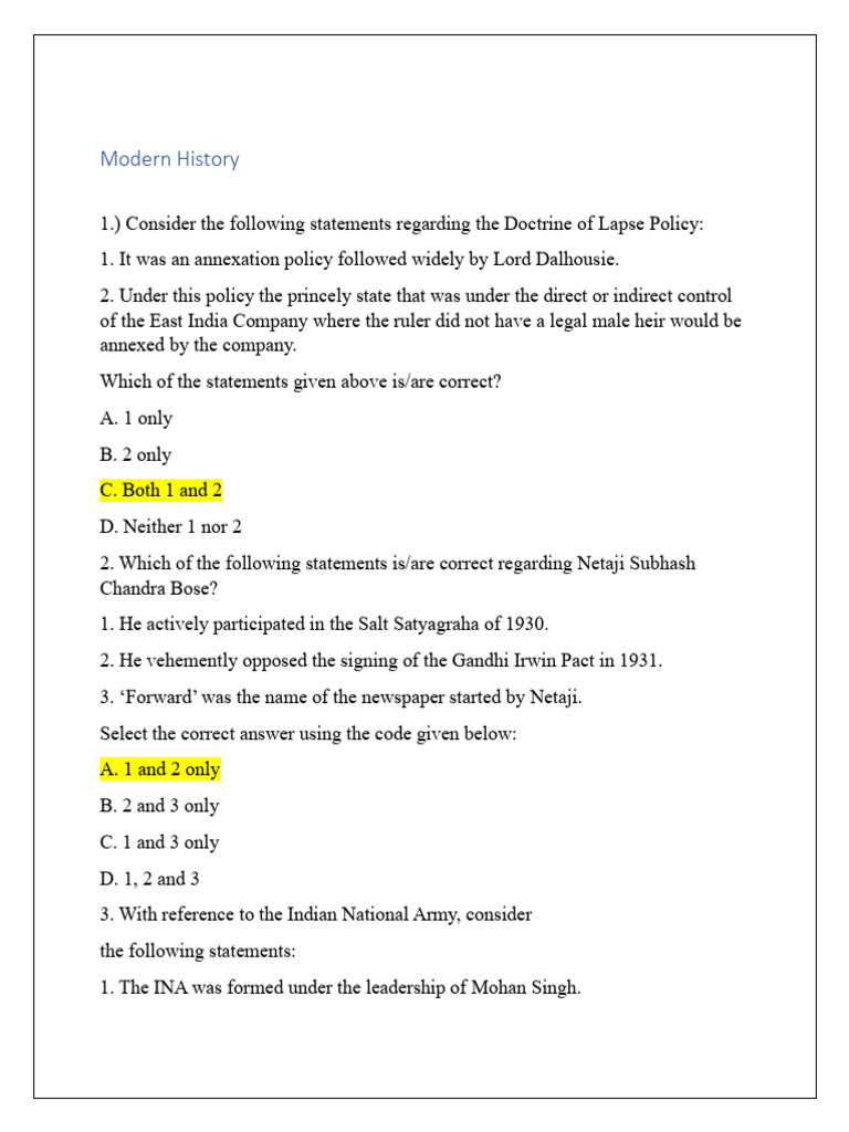 'Modern History MCQS' With You | PDF | British India | Indian ...