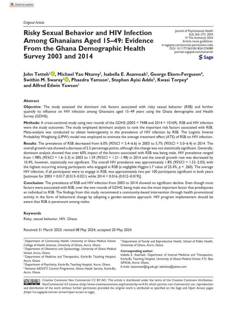 Tetteh Et Al 2024 Risky Sexual Behavior and Hiv Infection Among Ghanaians Aged 15 49 Evidence ...