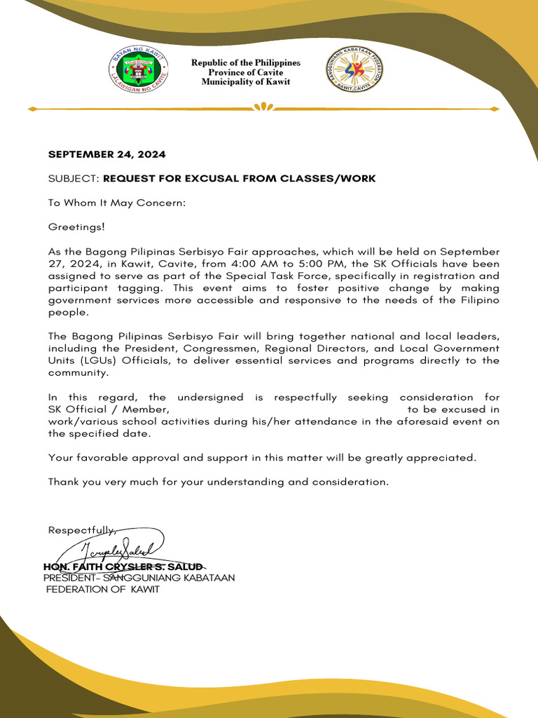Excuse Letter Bagong Pilipinas SK | PDF