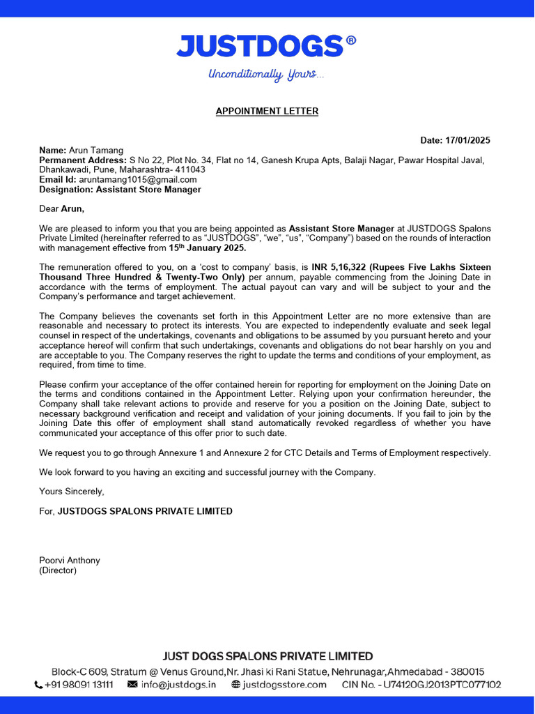 Appointment Letter for Assistant Store Manager | PDF | Employment ...