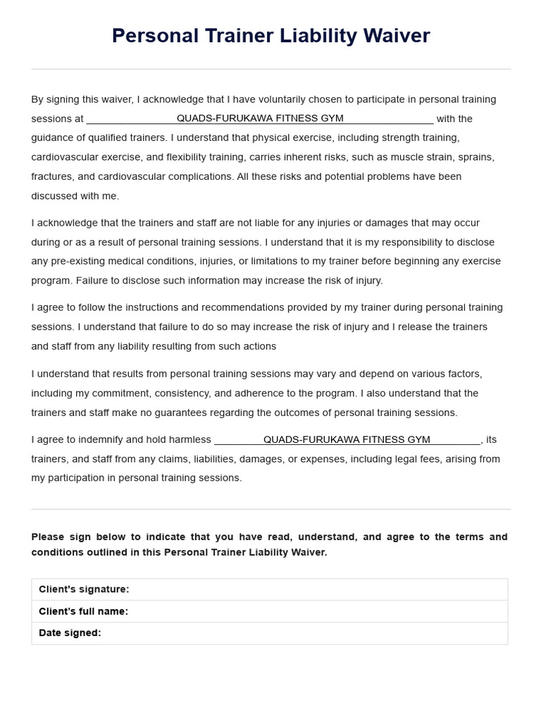 Personal Trainer Liability Waiver Form | PDF | Personal Trainer | Indemnity