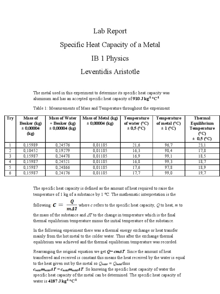 Lab Report | PDF | Temperature | Heat Capacity