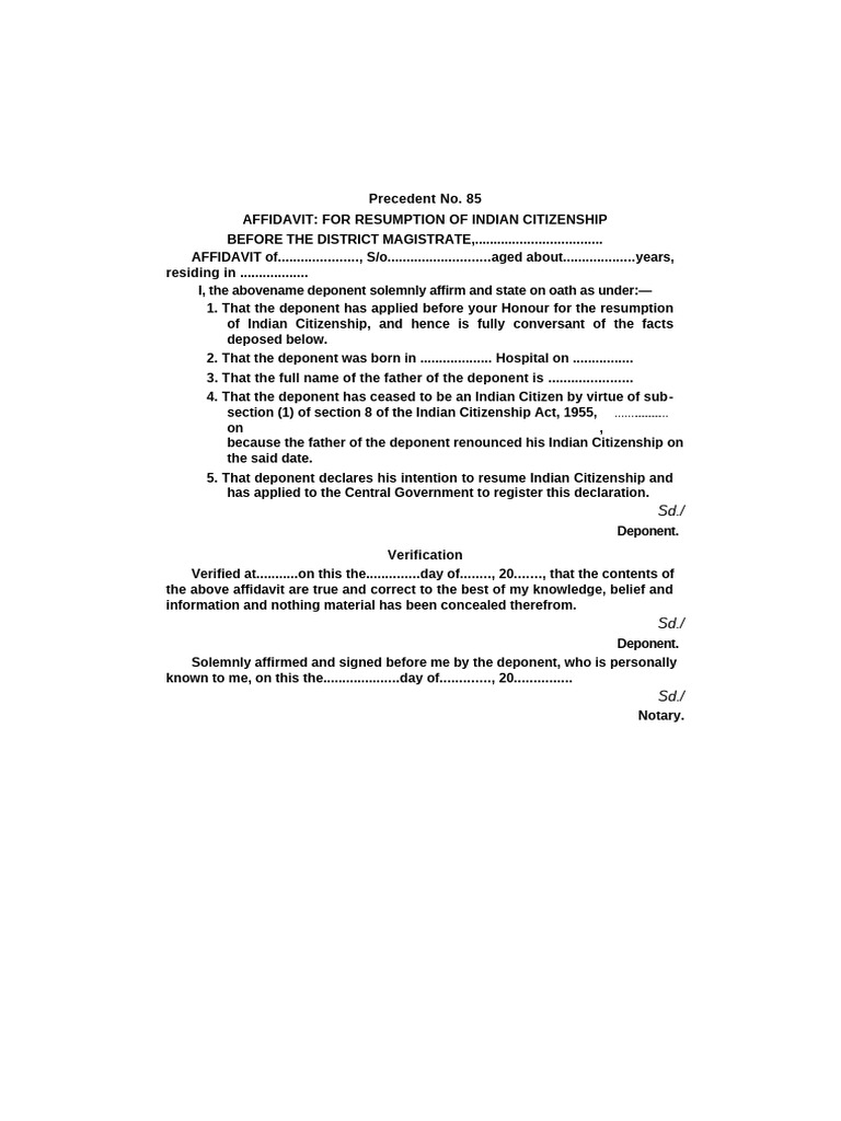 Indian Citizenship Resumption Affidavit | PDF