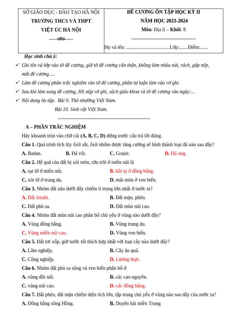 Đề cương 8-HK2 | PDF