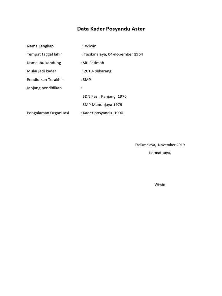 Data Kader Posyandu Aster | PDF