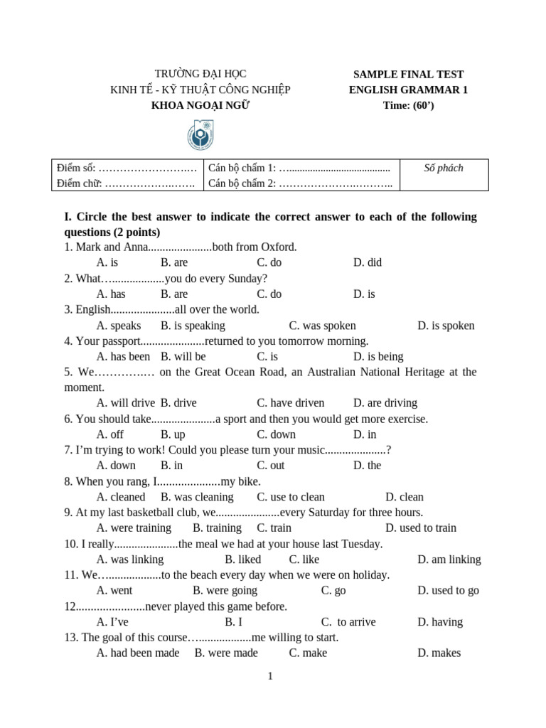 English Grammar Final Test Sample | PDF