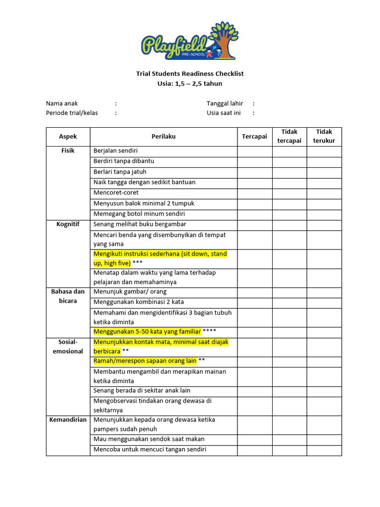 Trial Students Readiness Checklist (1,5 - 2,5 Years Old) | PDF