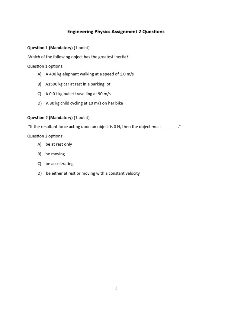 Engineering Physics Assignment 2 Questions | PDF | Force | Motion (Physics)