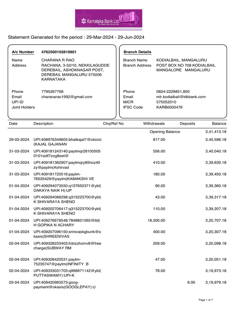 Karnataka Bank Statement | PDF | Personal Finance | Banking