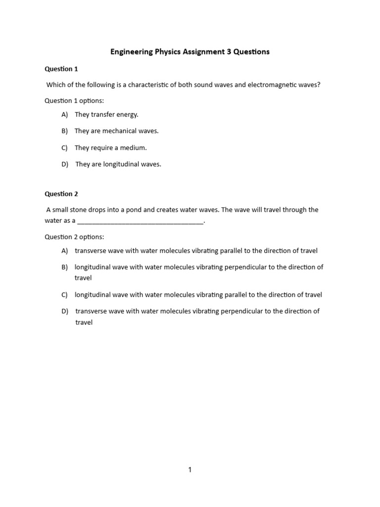 Engineering Physics Assignment 3 Questions | PDF | Waves | Reflection (Physics)