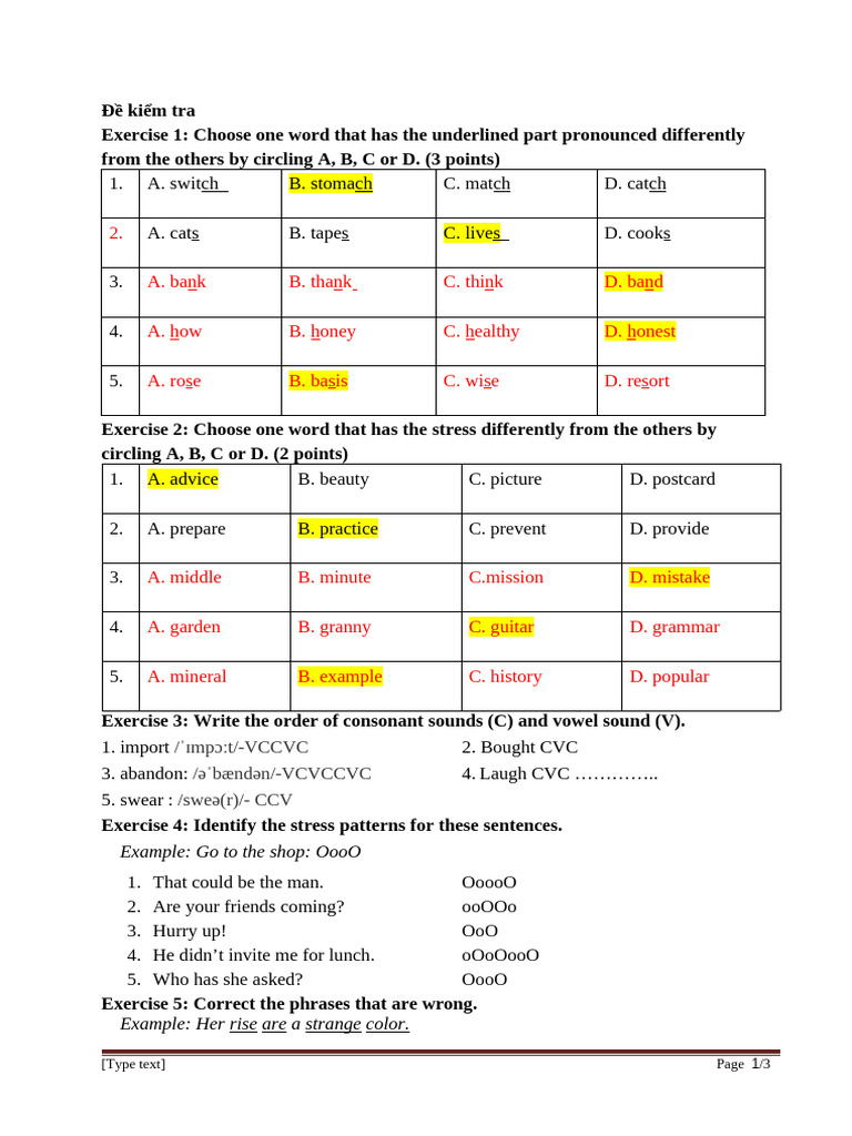 English Pronunciation and Stress Test | PDF | Stress (Linguistics ...