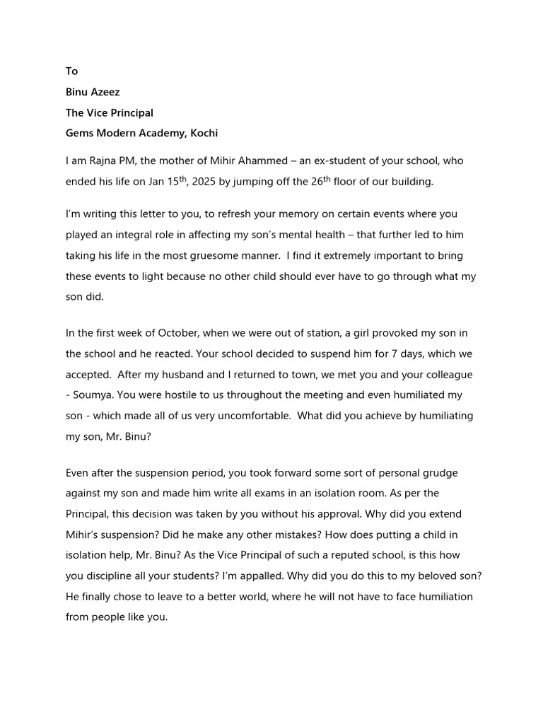 Letter To The Vice Principal | PDF