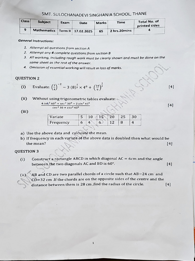 Math Term 2 Singhania School 2025 | PDF