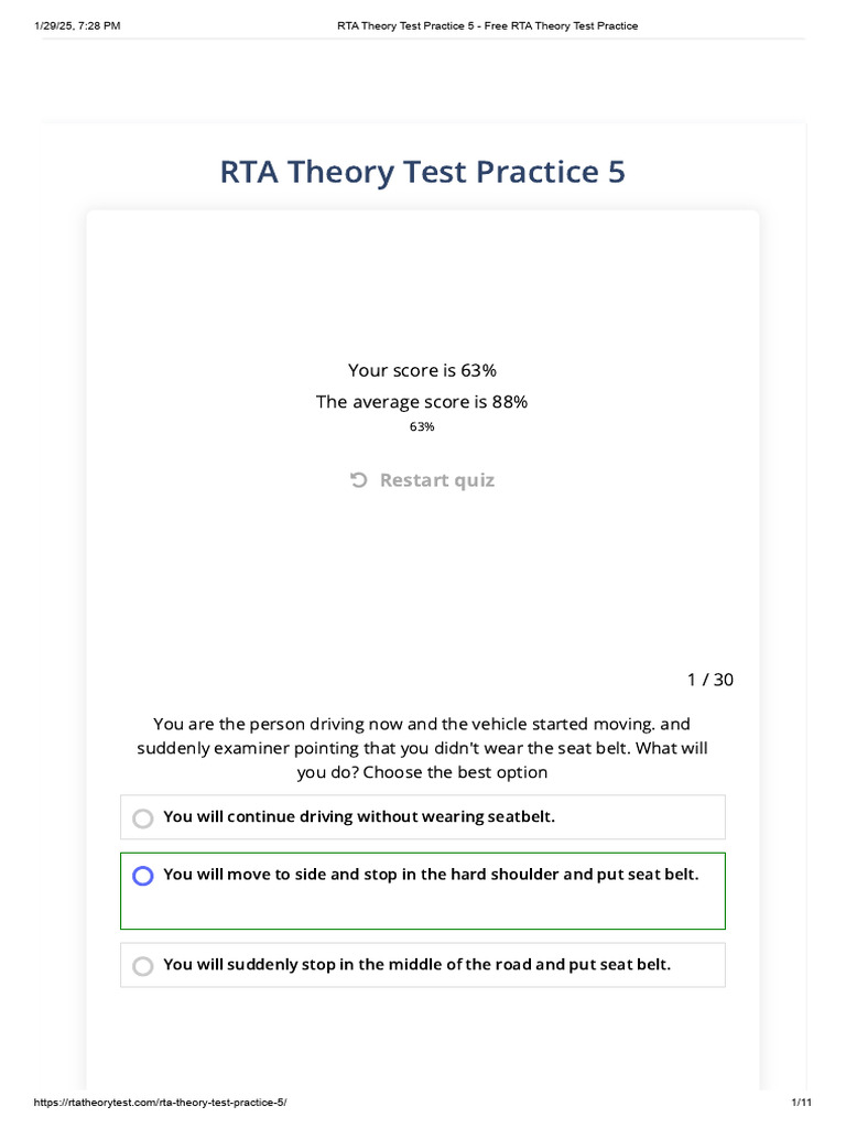 RTA Theory Test Practice Quiz 5 | PDF | Traffic | Seat Belt