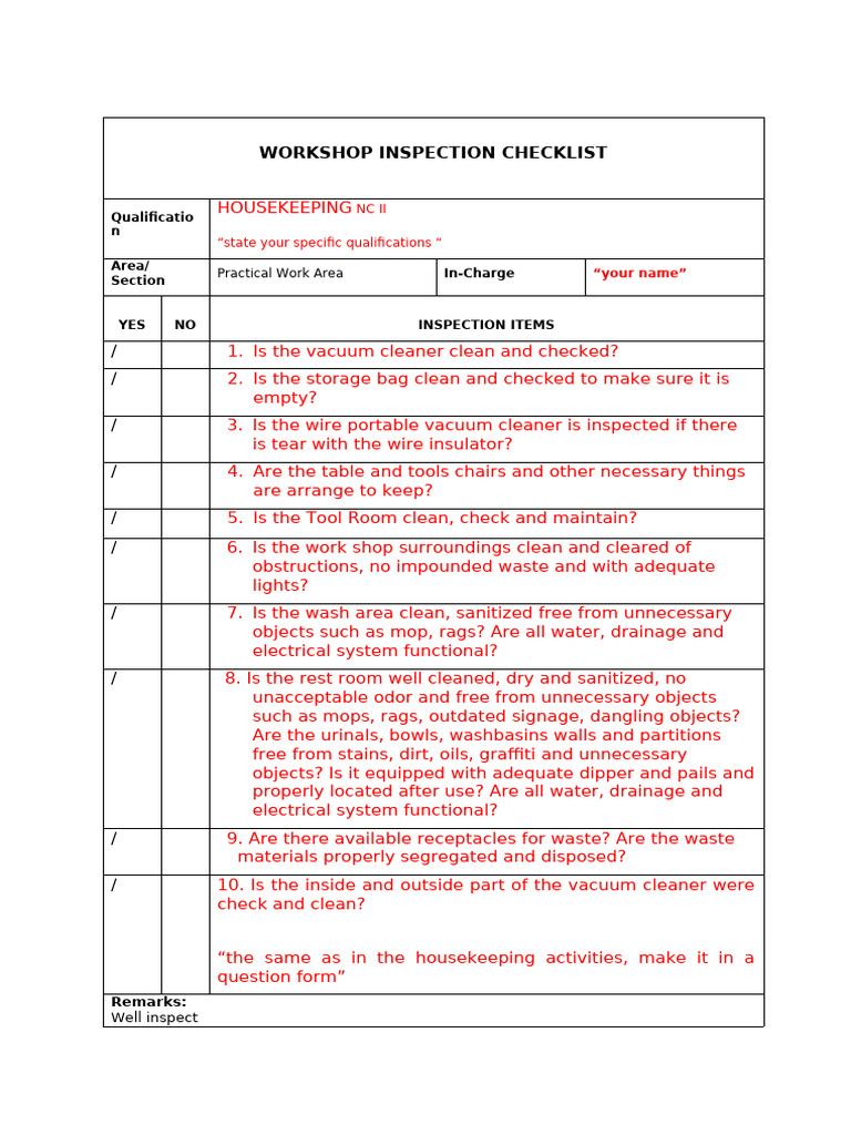 03 Workshop Inspection Checklist | PDF