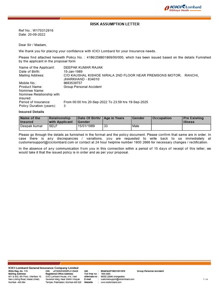 ICICI Insurance Policy Certificate | PDF | Insurance