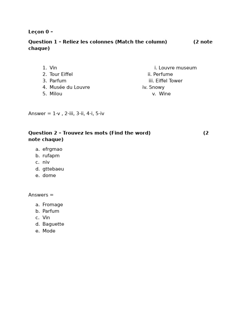 Grade 4 French Worksheets Answers | PDF