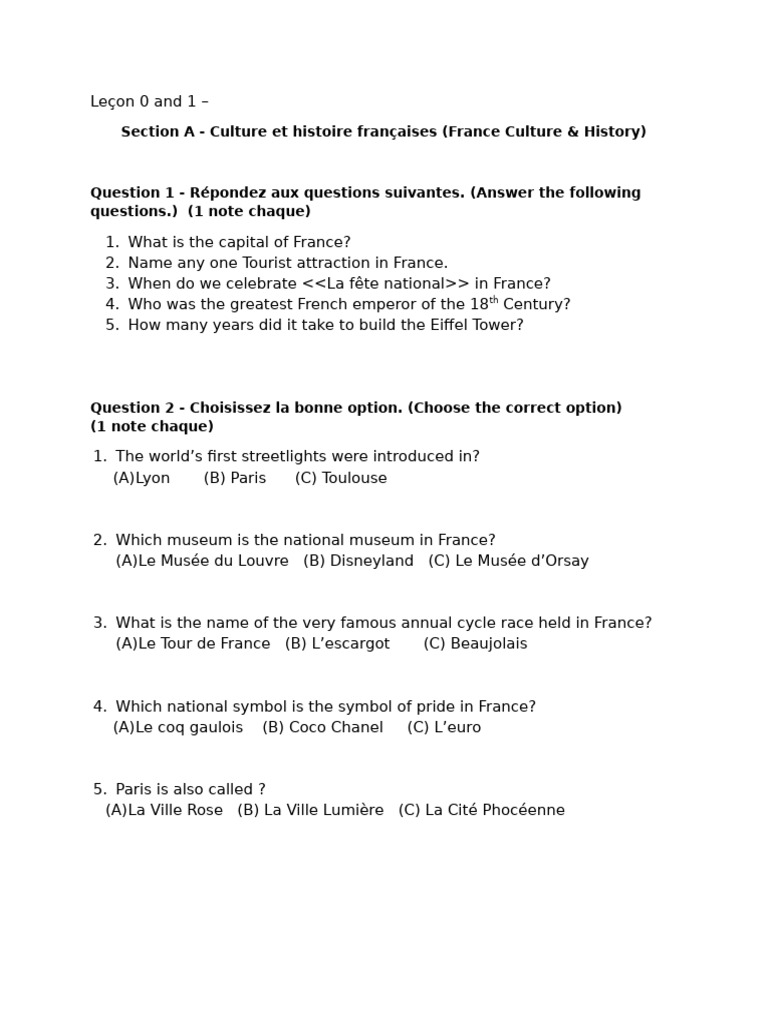 Grade 5th - French Question Paper - Leçon 0 & 1 | PDF