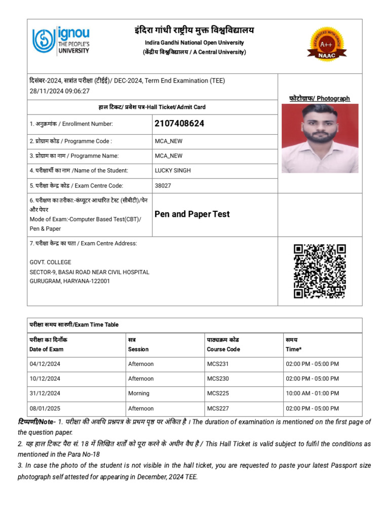 Ignou Dec-2024 - Hall Ticket - Admit Card | PDF