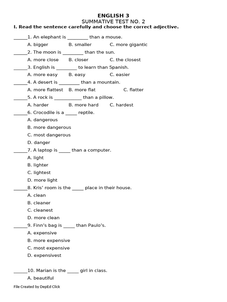 English Adjective and Adverb Test | PDF
