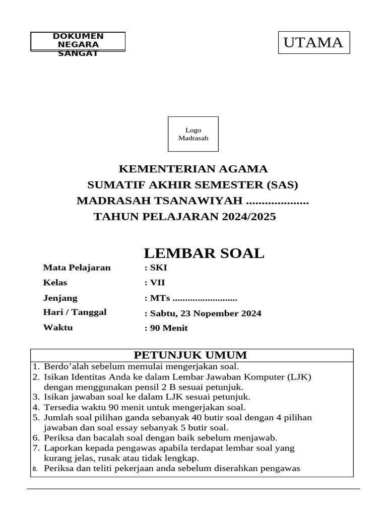 4. NASKAH SAS MAPEL SKI KELAS 7 PAKET 01 TAPEL 2024-2025 | PDF