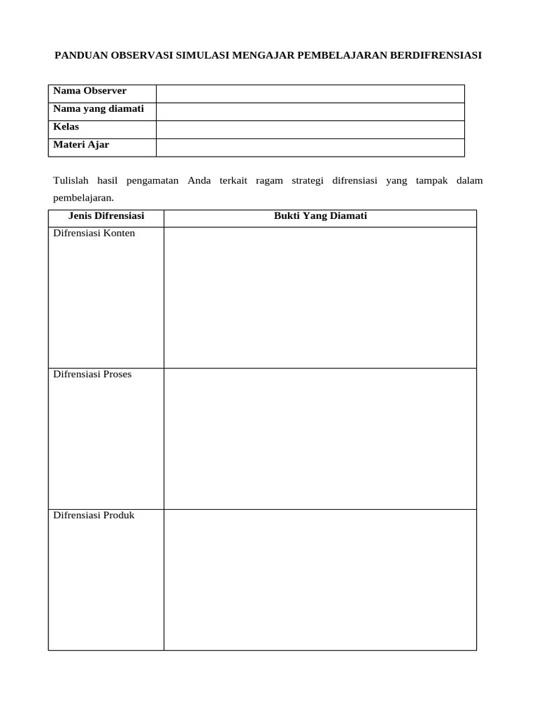 Panduan Observasi Pembelajaran Diferensiasi | PDF
