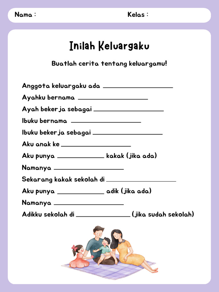 Membuat Cerita Tentang Keluargaku Lembar Kerja Ppkn Kelas 1 Ungu Putih