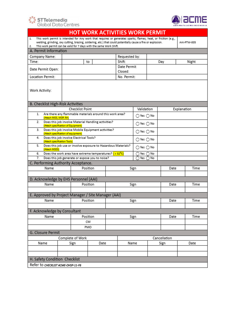 (AAI-PTW-005) Permit To Work Hot Works Form | PDF | Secondary Sector Of ...