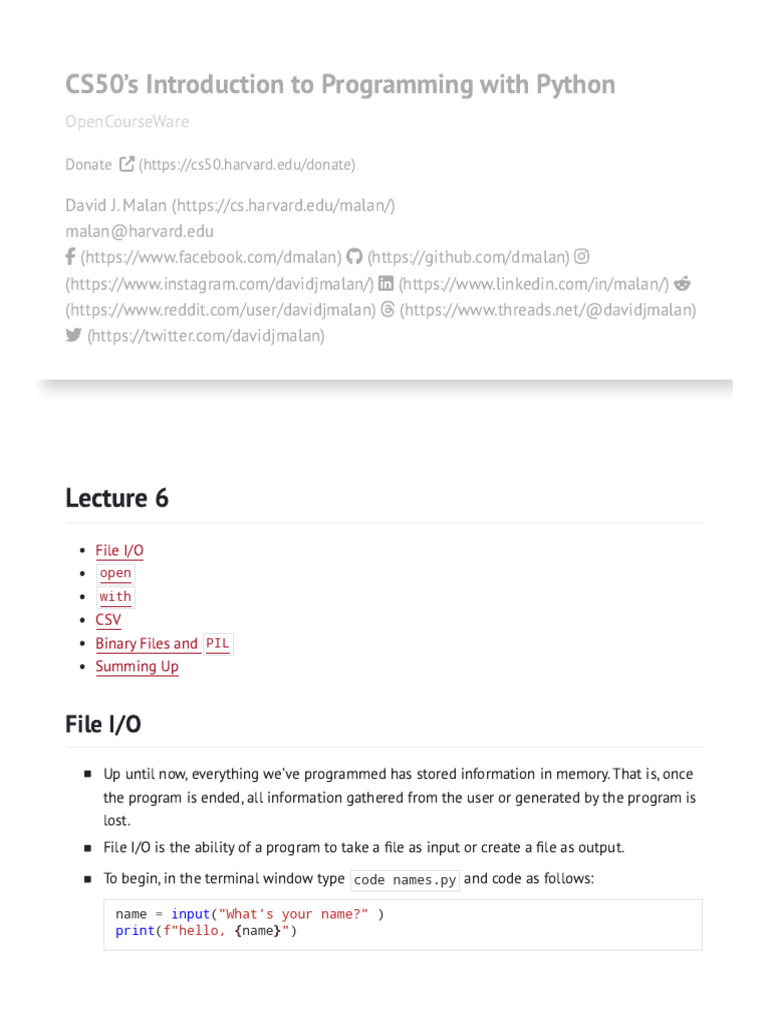 Lecture 6 - CS50's Introduction to Programming with Python | PDF ... Lecture 6 - CS50's Introduction to Programming with Python | PDF ...