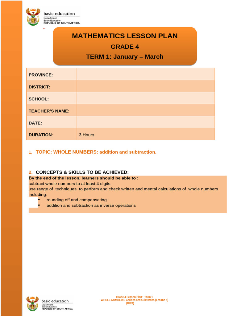Grade 4 Term 1 Addition and Subtraction Lesson 5 | PDF | Subtraction ...