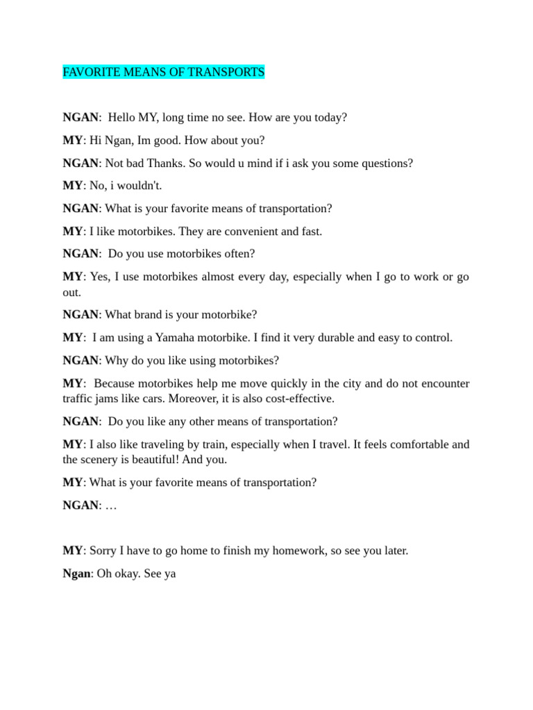 Favorite Means of Transports | PDF