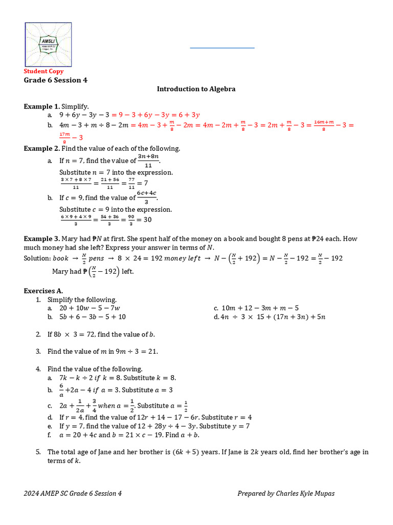 Gr6 S4 SC 2024 AMEP Introduction To Algebra | PDF | Mathematics