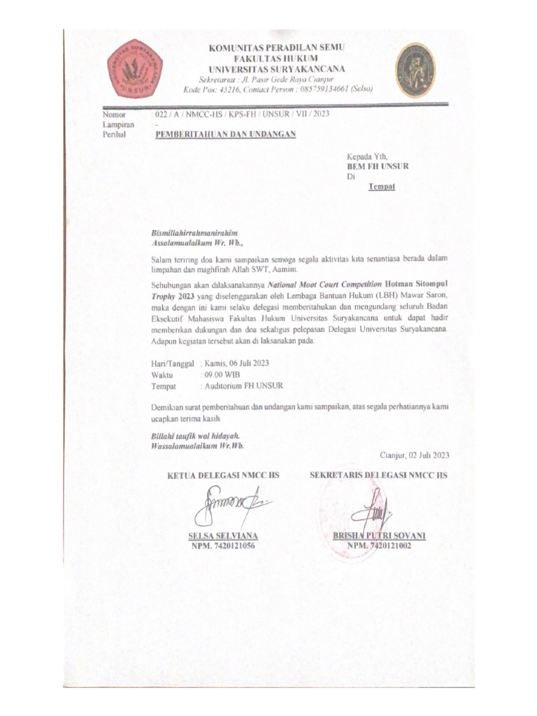 022 - Surat Pemberitahuan Dan Undangan Bem FH Unsur | PDF