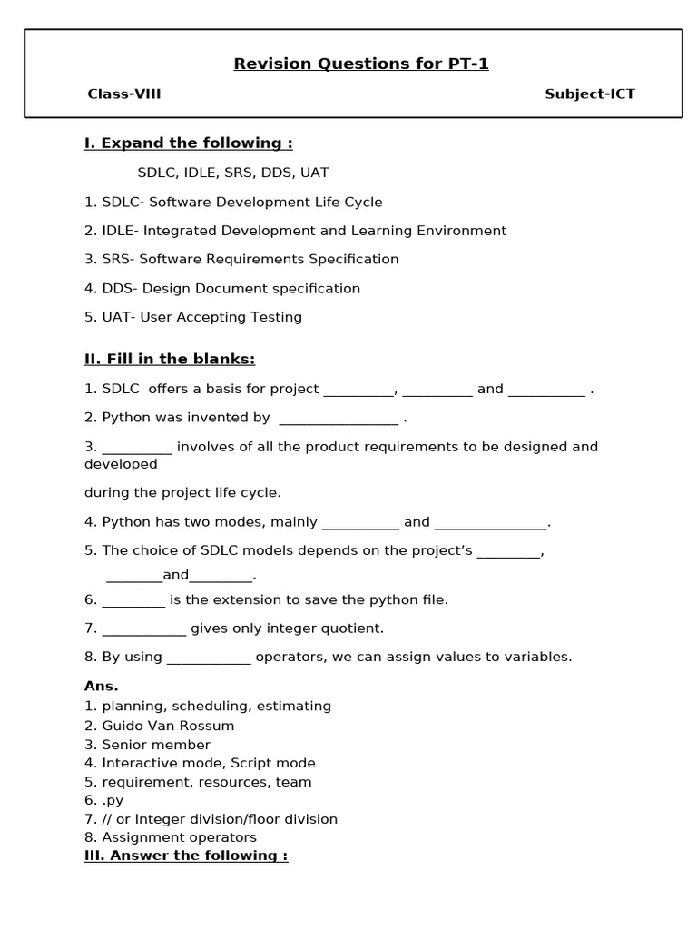 ICT Revision Questions for Class VIII | PDF | Python (Programming Language) | Systems Architecture