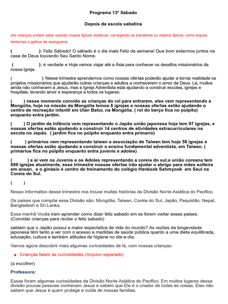 Programa 13 Sabado - 1 Tri 2025.docx - 20250217 - 153125 - 0000 | PDF | Japão | Igreja ...